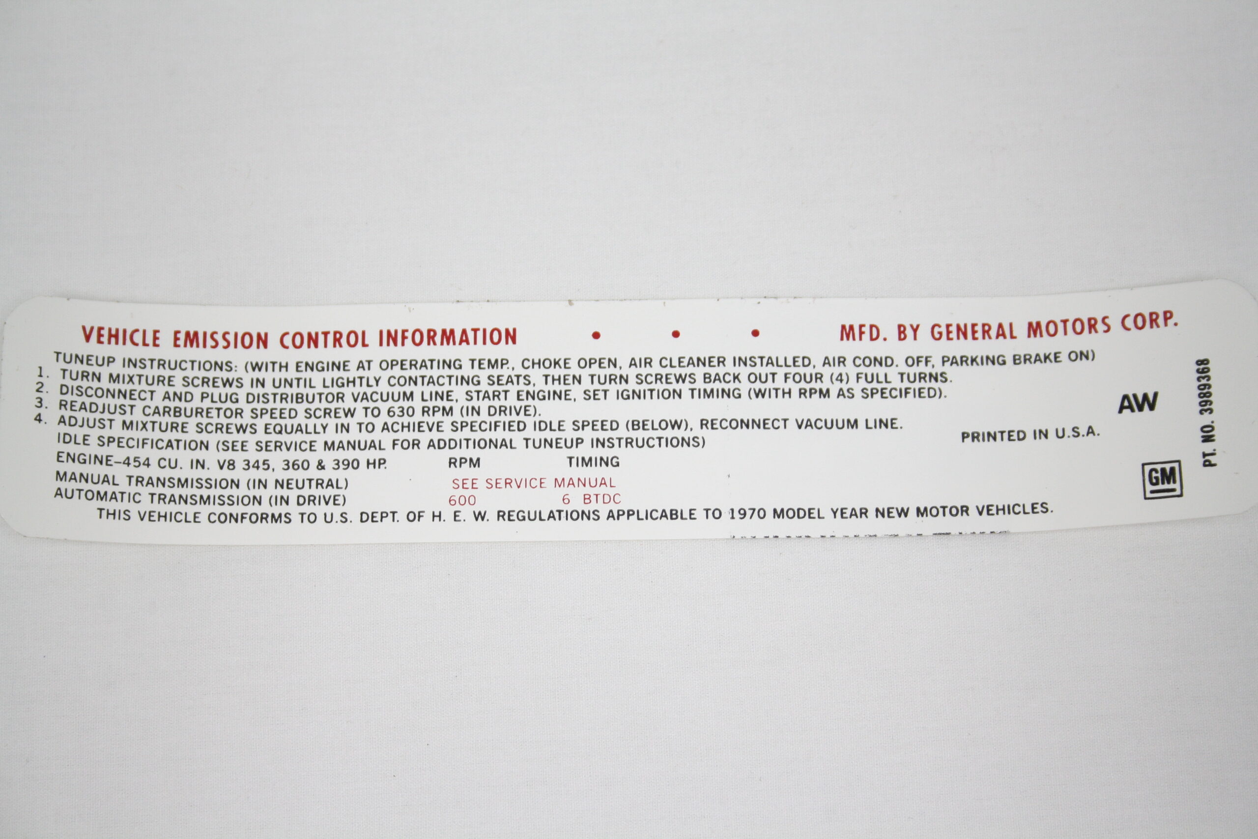Emission Decal Automatic Transmission 390 HP (Code AW 3989368) (120175 ...