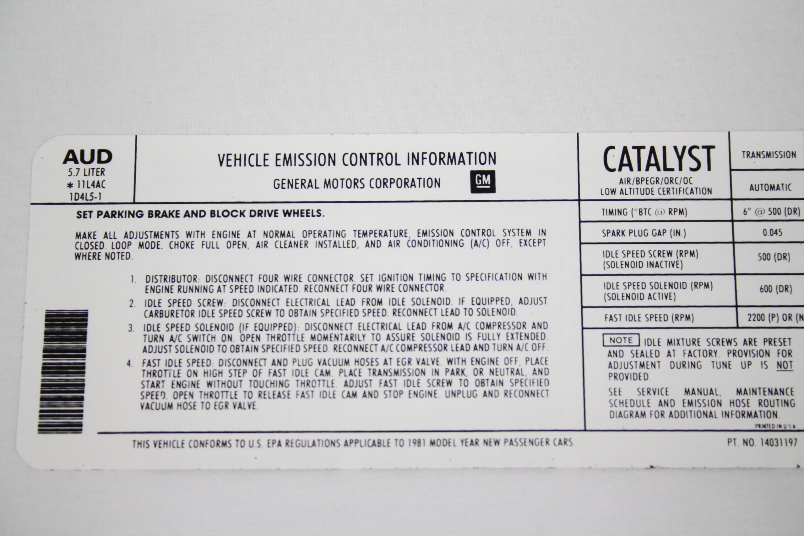 Emission Decal 5.7 Automatic Transmission (120255) – Keen Parts